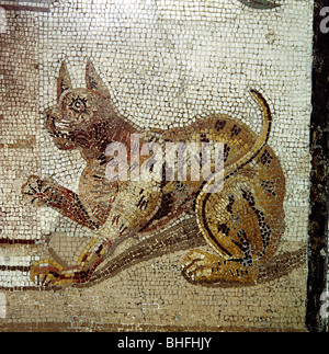 Detail from Roman mosaic showing a cat, Pompeii, Italy. Artist: Unknown ...