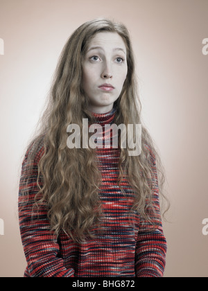 Portrait of young woman in comic pop art make-up style. Female in red ...