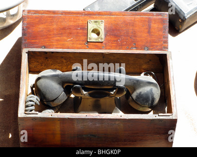 old style field telephone in a wooden box Stock Photo - Alamy