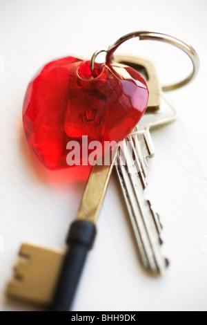 Keys with key rings on white background Stock Photo - Alamy