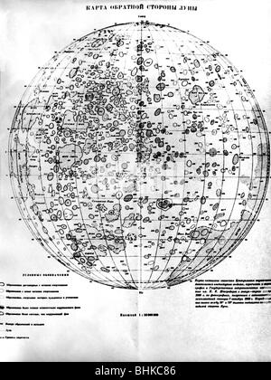 astronomy, moon, Soviet moon surface map with flight diagram of the ...