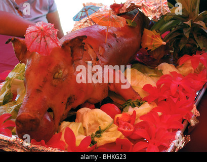El Salvador. Traditional food. Pork ribs with yucca and beans Stock ...