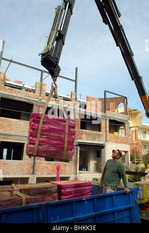 Crane unloading bricks from a lorry Stock Photo - Alamy