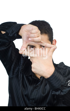 Asian man peeping through fingers hole, isolated on white background ...