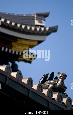 Onigawara (Japanese gargoyle roof tiles) are displayed at Kigumi ...