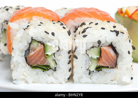 Close Up of Spicy Sushi Roll isolated on white background Stock Photo ...