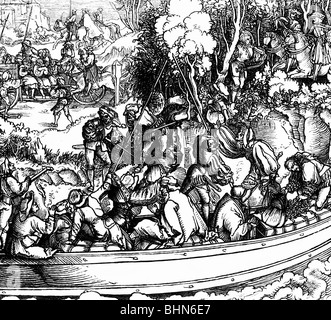 middle ages, knights, robber barons, attack, wood engraving, 19th ...