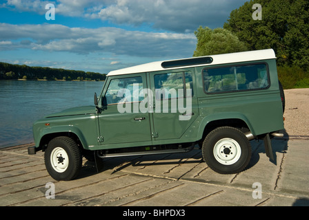 Rear view of classical Land Rover Defender 110 off road four wheel ...