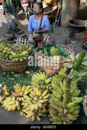 Myanmar, Burma. Mandalay Market. Bananas, Hearts of Palm, Leeks Stock ...