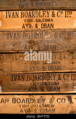 Wooden Fish Boxes stacked on a Fishing Boat, Fuengirola Port, Costa del ...