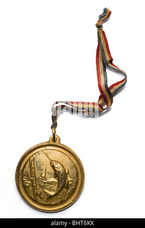 Gold medal isolated on white background. First place. Red ribbon. 3d ...