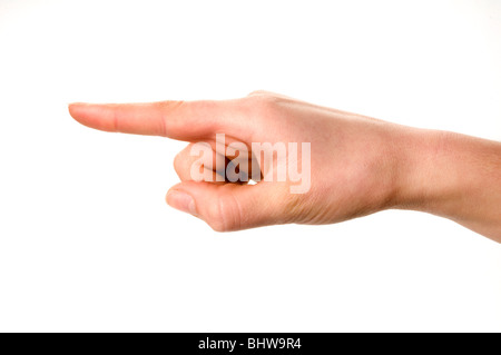 Female hand pointing to the side with index finger on isolated ...