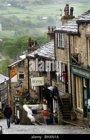 haworth cobbled streets yorkshire Bronte Country england uk gb Stock ...