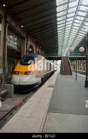 front view of TGV SNCF trains on a platform at Gare Du Nord Station ...