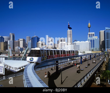 A Metro Monorail train at Darling Harbour, Sydney, Australia with the ...
