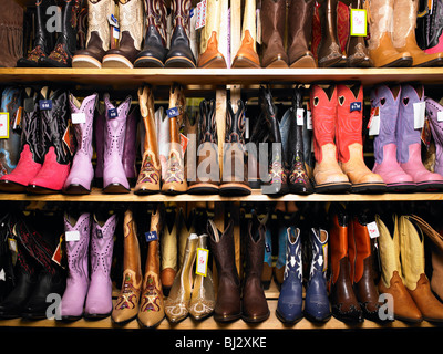 Cowboy boot on the shelf. American-style boots from ostrich and buffalo ...