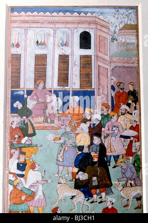 Miniature painting of Mughal Emperor Shah Jahan with Queen Mumtaz Mahal ...