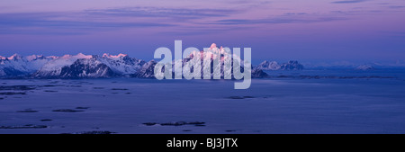 View from Stamsundheia above Stamsund, Vestvågøy, towards mountains of ...