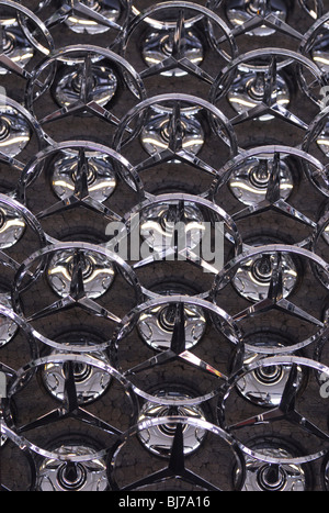 The vertical close-up view of a Mercedes Benz classic car frontal logo ...