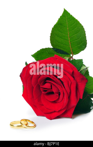 Beautiful bridal bouquet, a pair of golden wedding rings in a wooden ...