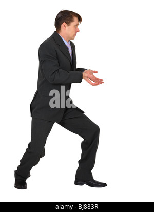 Isolated business man pushing something Stock Photo: 84569621 - Alamy