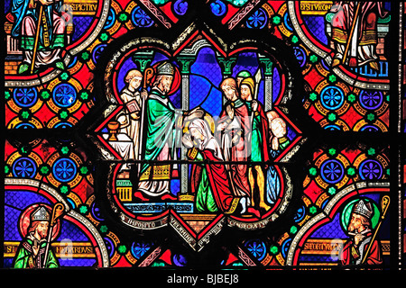Romanesque coloured stained window, Glass painting in the church Sainte ...