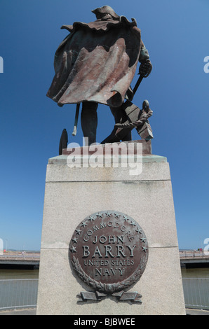 A rear view of the John Barry Memorial statue and plaque on the quay of ...