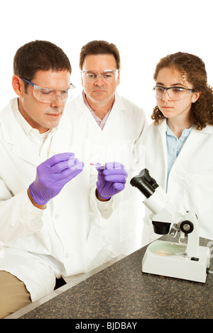 Science lab. small girl with man tutor study chemistry. mature teacher ...