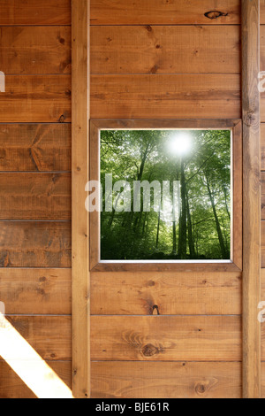 Wooden window jungle green forest view from wood cabin Stock Photo - Alamy