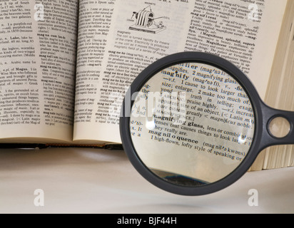 Reading a dictionary with a magnifying glass to read the definition of ...