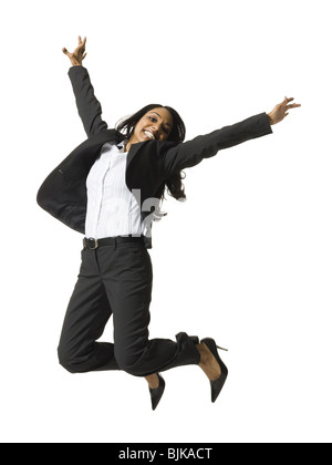Full length portrait of excited overjoyed girl jump hands hold giftbox ...