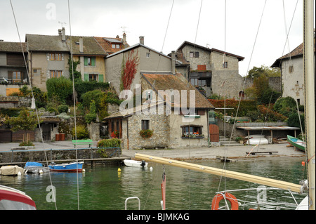 Yvoire mediaeval village harbour and castle on Lake Geneva, in the ...