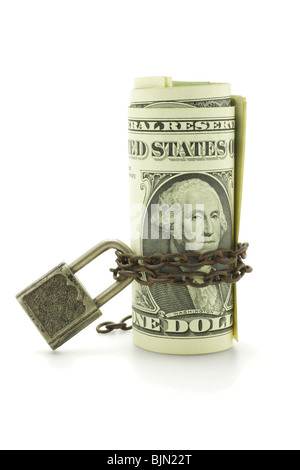 Dollars currency with lock and chain on wooden background Stock Photo ...