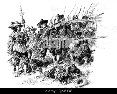 military, 17th century, musketeer loading his musket, pen drawing after ...