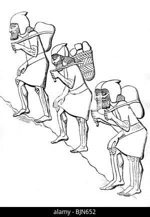 Jewish prisoners during the Babylonian Captivity. Hand-colored woodcut ...