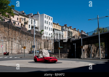 Public art showing a car smashed by a rock, the Rocks, Sydney ...