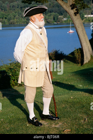Reenactment, a man in colonial era dress in stocks on Boston Common ...