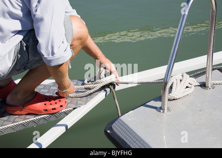 Secured mooring line / mooring rope / hawser laid in a figure-8 pattern ...