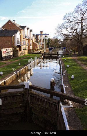 The River Wey navigation canal at Thames lock on a very foggy and misty ...
