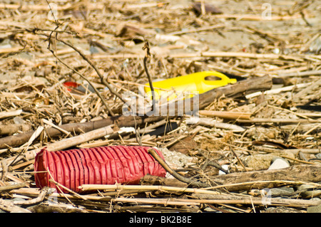 Natural and man made flotsam on a Mediterranean beach after a storm ...