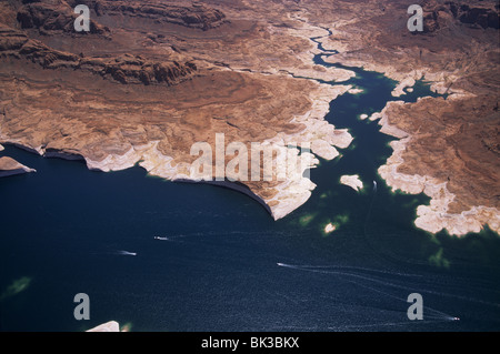 Aerial view of Wetherill Canyon on Lake Powell. The reservoir's white ...