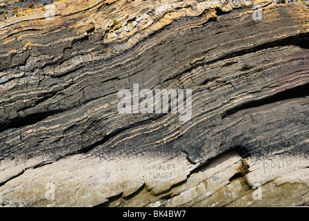 Sedimentary rock layers in cliff face, North Devon, England Stock Photo ...