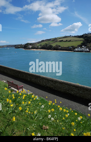A terrace overlooking the estuary at Salcombe, South Devon, England ...