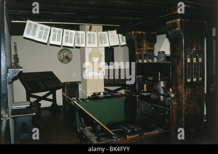 Johann Gutenberg's printing press. Historical artwork of the German ...