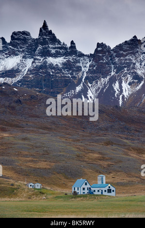 Farm and spectacular rocky spires, 1188 m, at Hals, in Oxnadalur valley ...