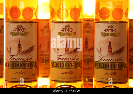 The bottles of mead from Slovak producer Apimed, Dolna Krupa Stock ...