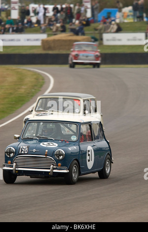 Classic blue Austin Mini Cooper S with white racing stripes parked ...