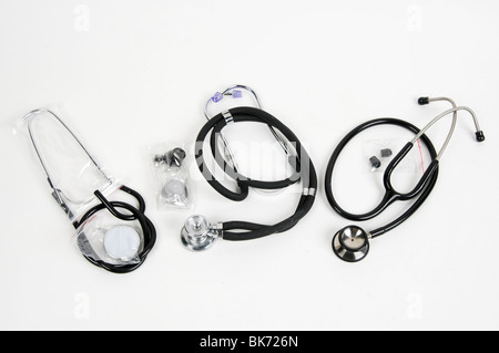 Set with stethoscopes on white background, top view. Banner design ...