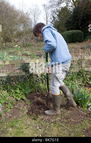 Model released teenage boy digging hole in garden to bury pet cat Stock ...