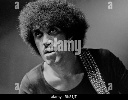 Portrait of rock band Thin Lizzy front man Phil Lynott during the Black ...